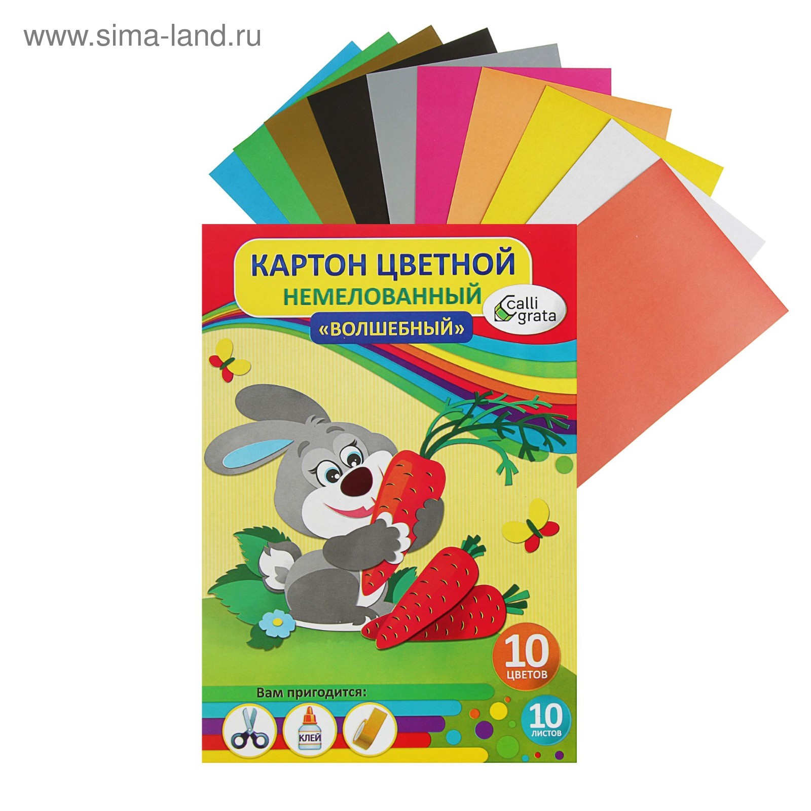Картон цветной А4, 10 листов, 10 цветов (золото+серебро) "Зайка ...