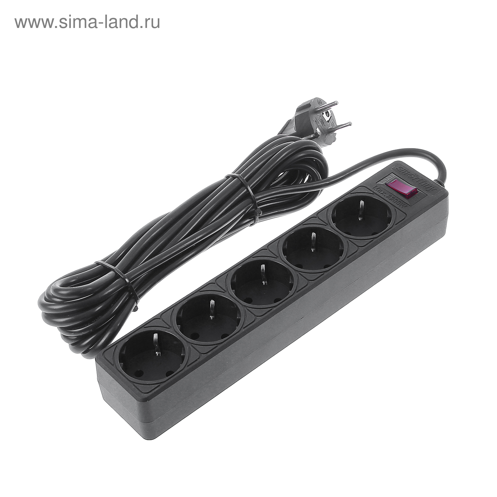 Сетевой фильтр Smartbuy One, 5 розеток, 5 м, 10 А, 2200 Вт, с з/к ...