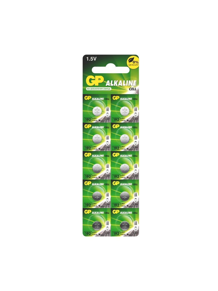 Батарейка алкалиновая GP, LR41 (G3, V3GA, LR4, 192)-10BL, 1.5В, блистер ...