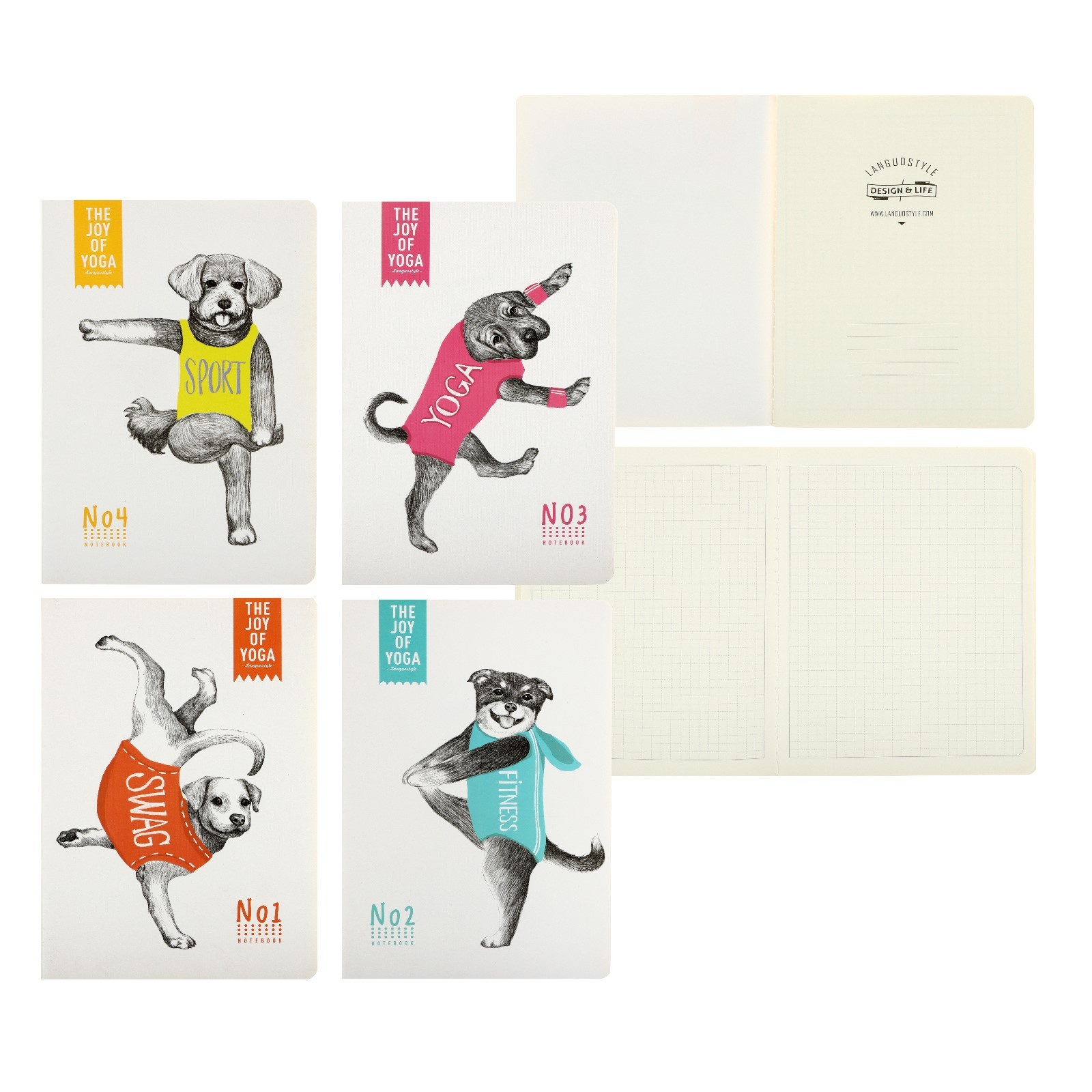 Блокнот А6, 24 листа в клетку, 105 х 142 мм, Landuo DOGS LOVE YOGA ...
