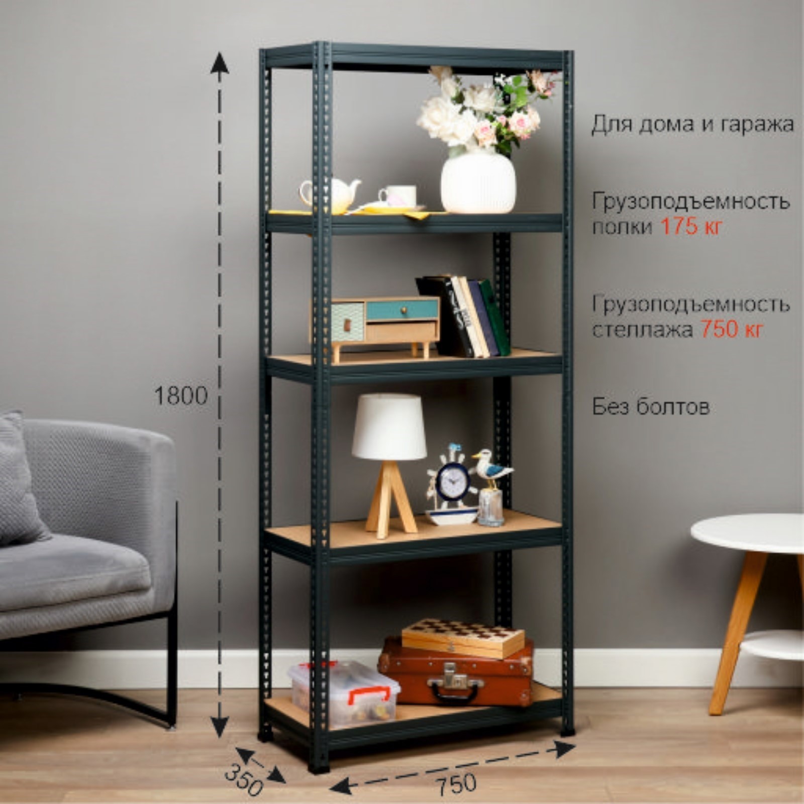 Стеллаж Лофт металлический SBL, 1800х750x350, 5 полок (7745763 ...