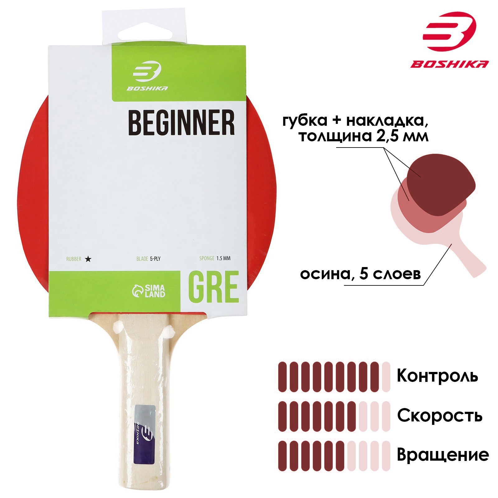 Ракетка для настольного тенниса BOSHIKA Beginner 1*, для любителей ...