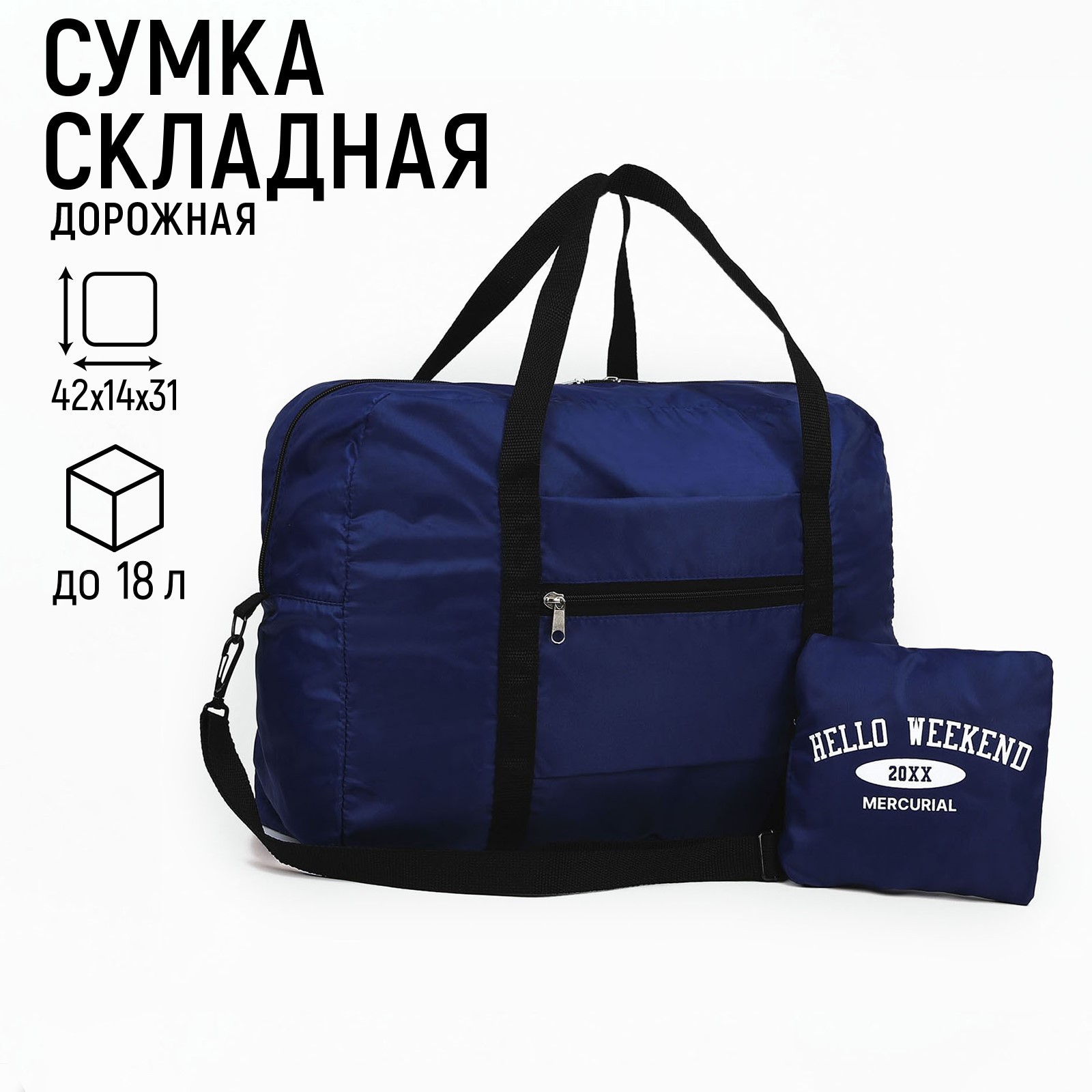 Сумка дорожная на молнии, складная в косметичку, цвет синий (9535045 ...