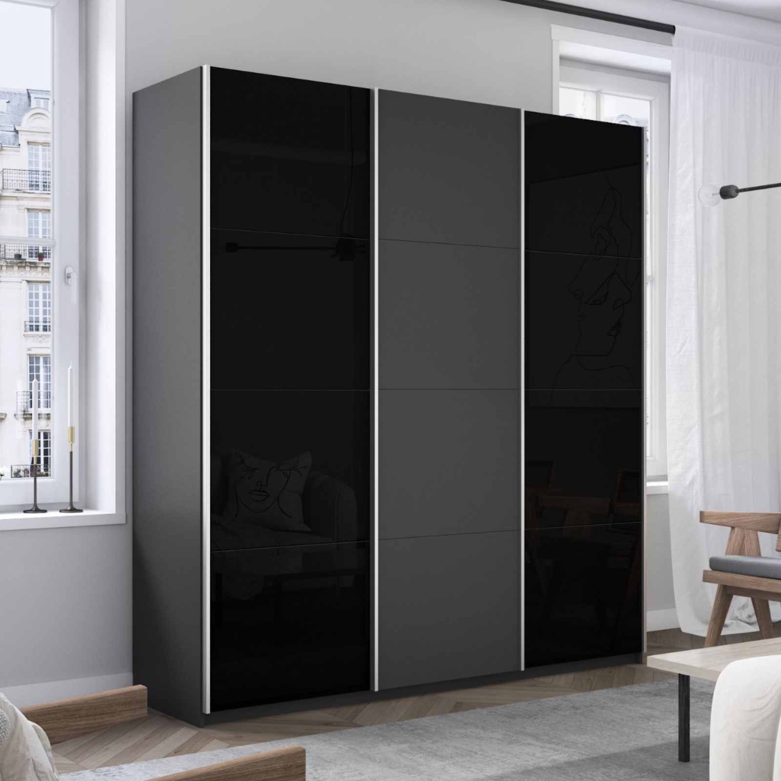 Шкаф-купе «Прайм», 1800×570×2300 мм, 3-х дверный, 2 чёрных стекла ...