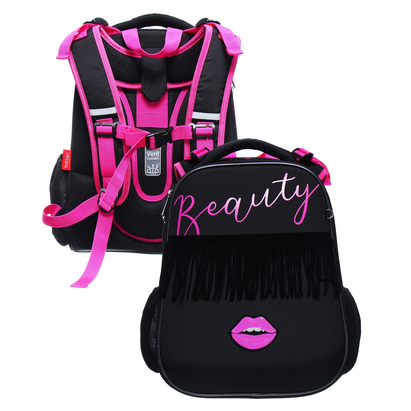 Рюкзак каркасный 38 х 29 х 17 см, Hatber Ergonomic Classic "Красотка" чёрный/розовый NRk85011 ...