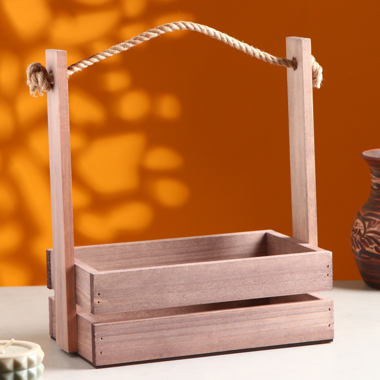 Кашпо деревянное 25×15×30 см "Аром", ручка канат, Состареный дуб ...