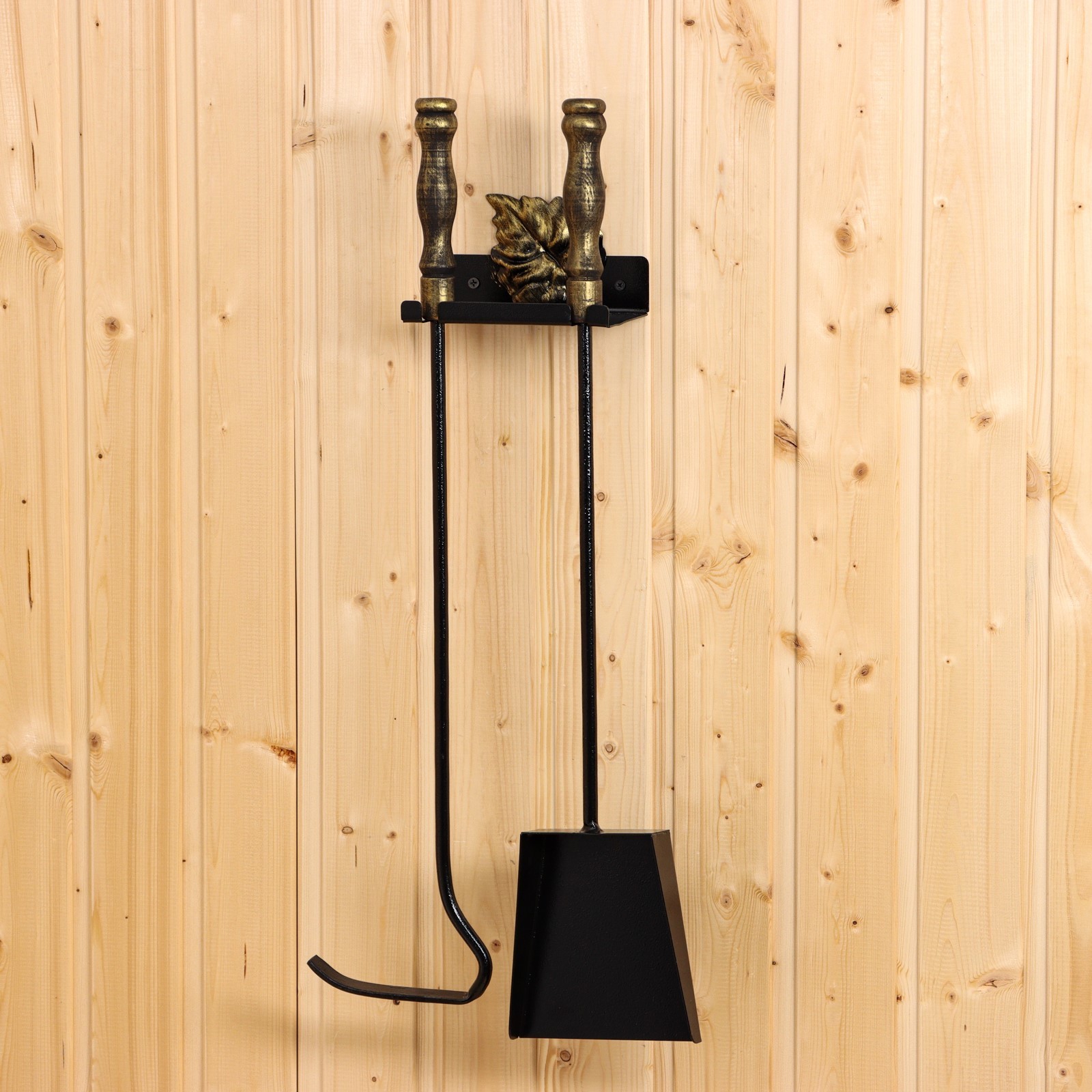 Каминный набор, настенный "Лист", черный с золотой патиной (деревянные ручки) 640*150 (10330337 ...