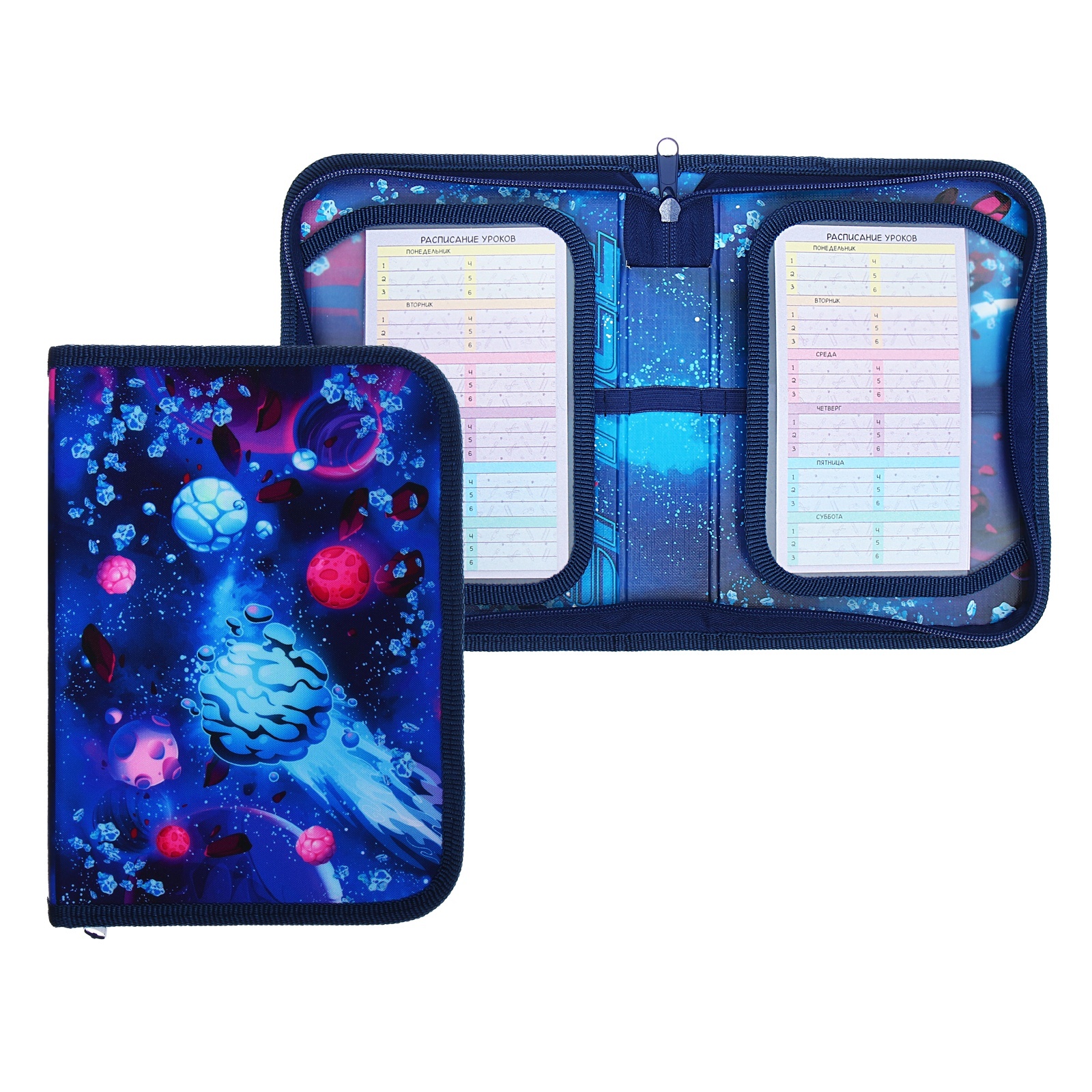 Пенал 1 секция, 140 х 200 х 40 мм, 2 откидные планки, тканевый, Hatber "Вселенная" синий NPk ...