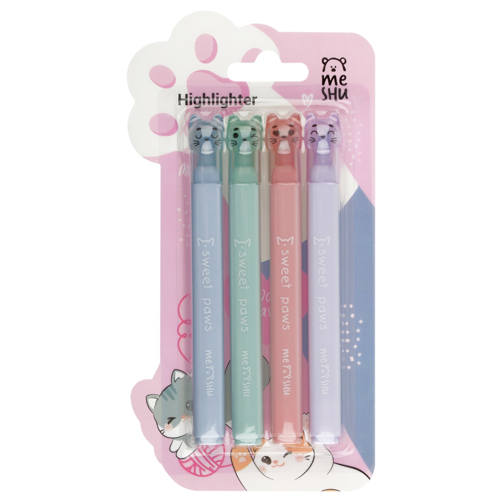 Набор текстовыделителей MESHU "Paw pastel", 4 пастельных цвета, 1-4мм ...