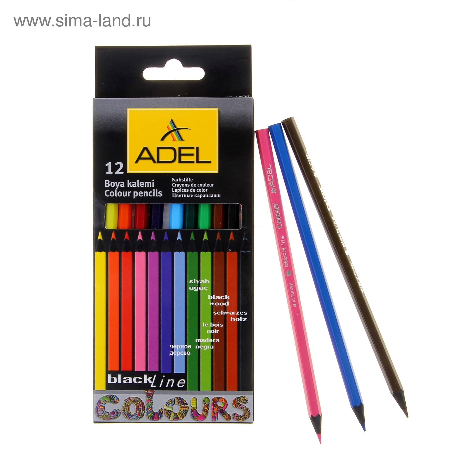 Карандаши 12цв Adel Blackline, черное дерево, 3мм, корпус цветной ...