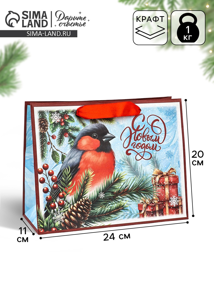 Пакет подарочный новогодний бумажный, «С Новым Годом», 24×20×11 см ...